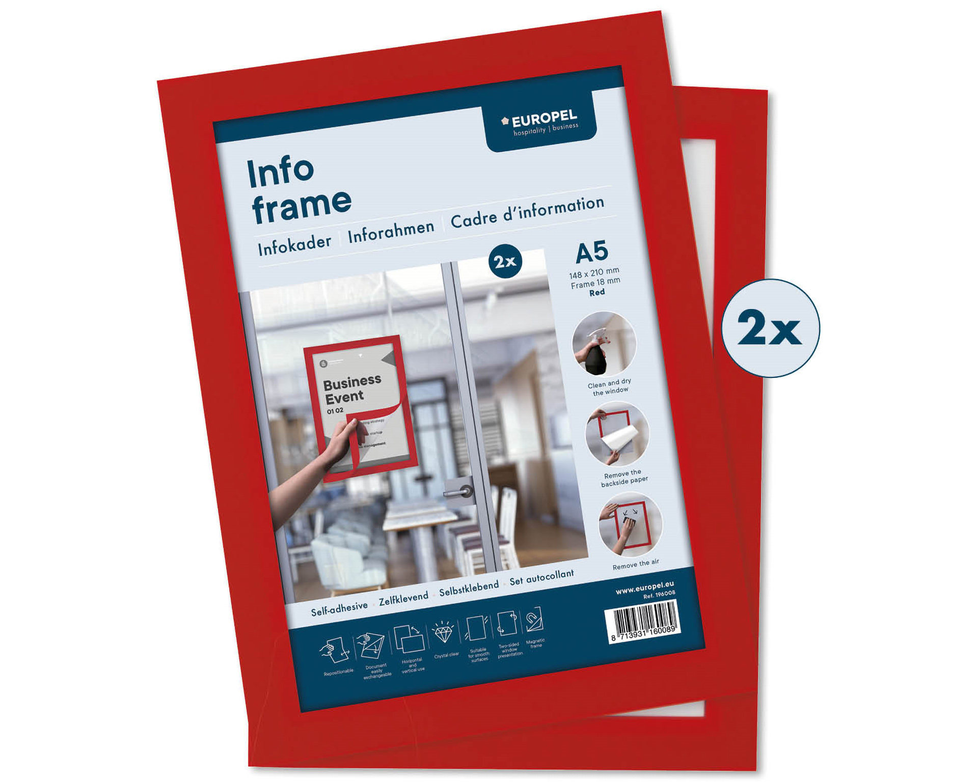 Infokader A5 - Zelfklevend - Kader rood - 2 stuks